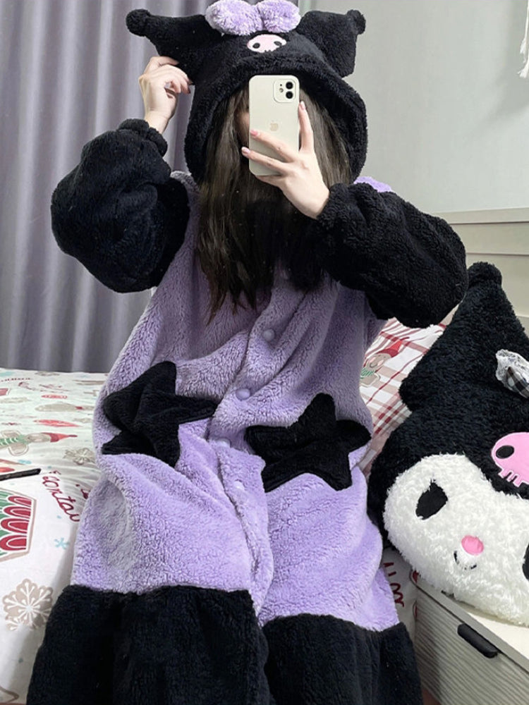 Kuromi Cozy Fleece Pajamas – Kawaii Plush Winter Robe - ntbhshop
